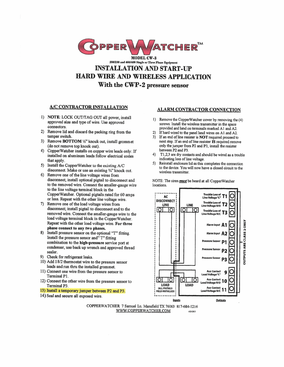 CWP-2 Pressure Switch Setup for CW-3 System - CopperWatcher